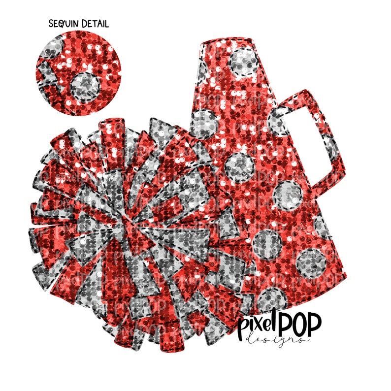 Cheerleading Megaphone and Poms Sequin Glitter Red and Silver PNG ...