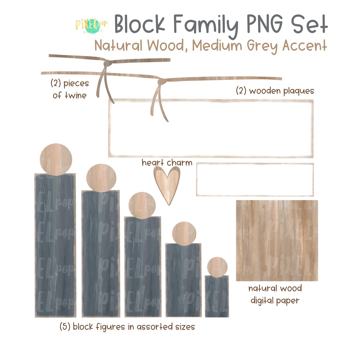 Wooden Block Family PNG Set Natural Wood Dark Grey Accents With ...