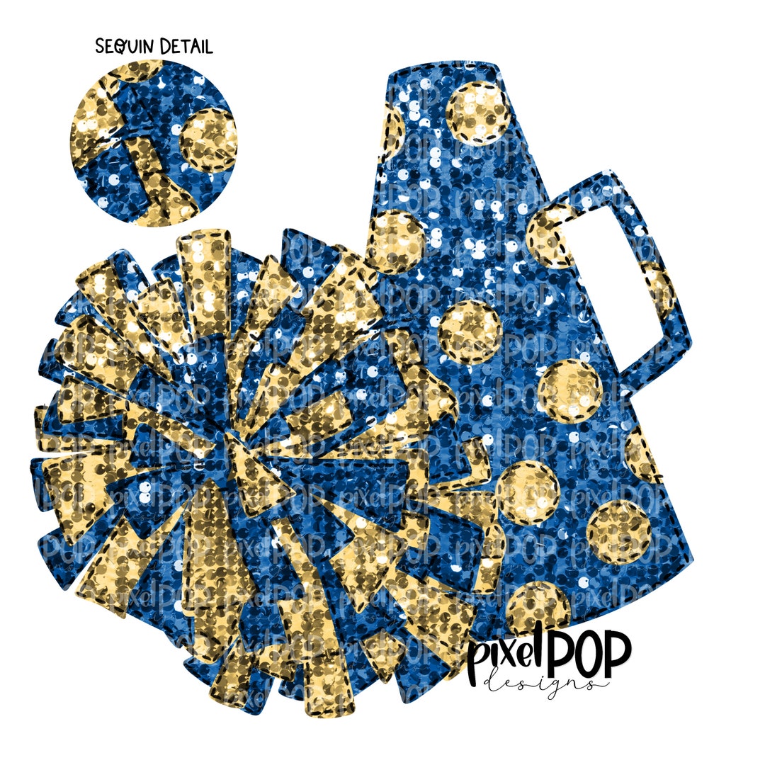 Cheerleading Megaphone and Poms Sequin Glitter Blue and Gold PNG ...
