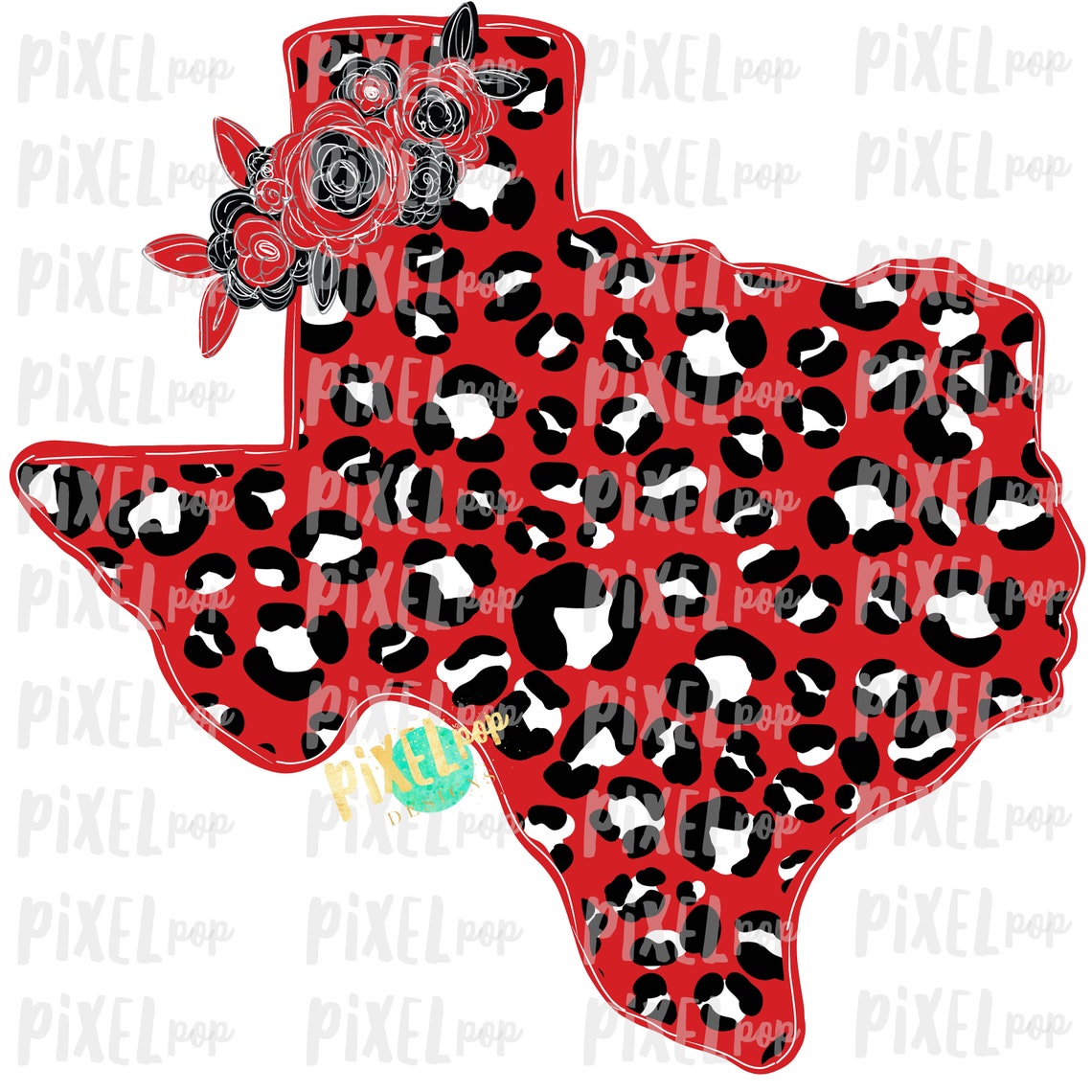 State of Texas Shape Black Red Leopard Flowers Hand Drawn PNG ...