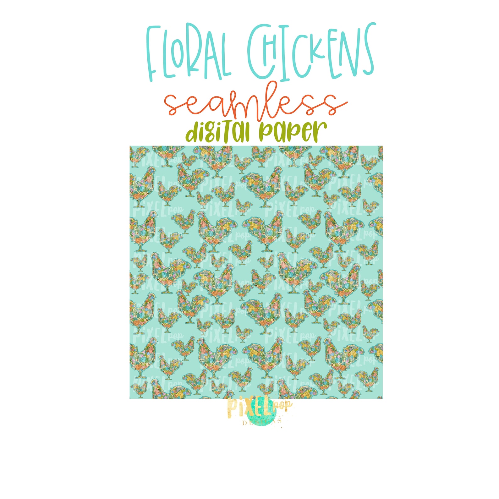 Floral Chicken Seamless Digital Paper PNG | Chicken Digital | Hand ...