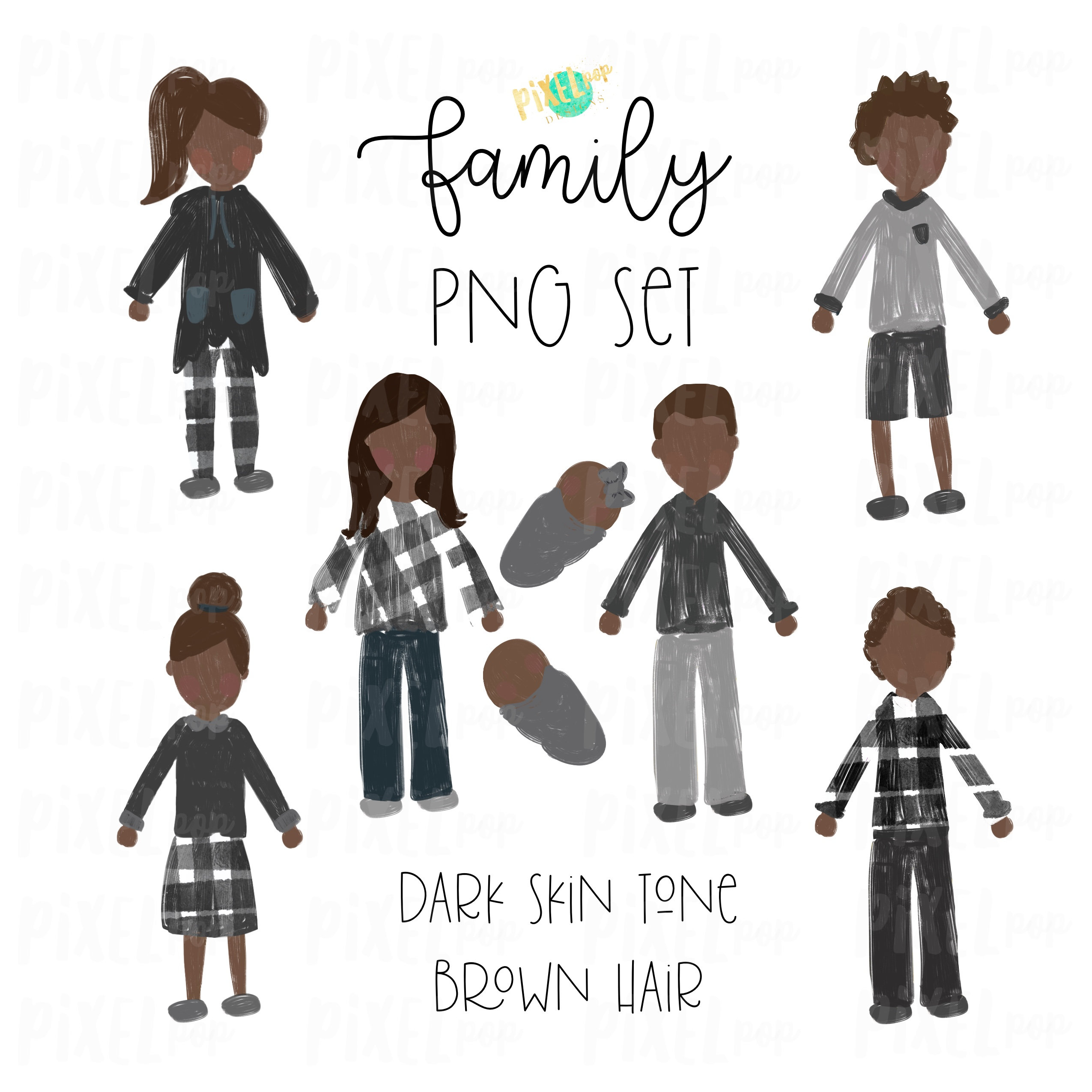 Dark Skin Brown Hair Stick People Figure Family Members PNG Sublimation ...