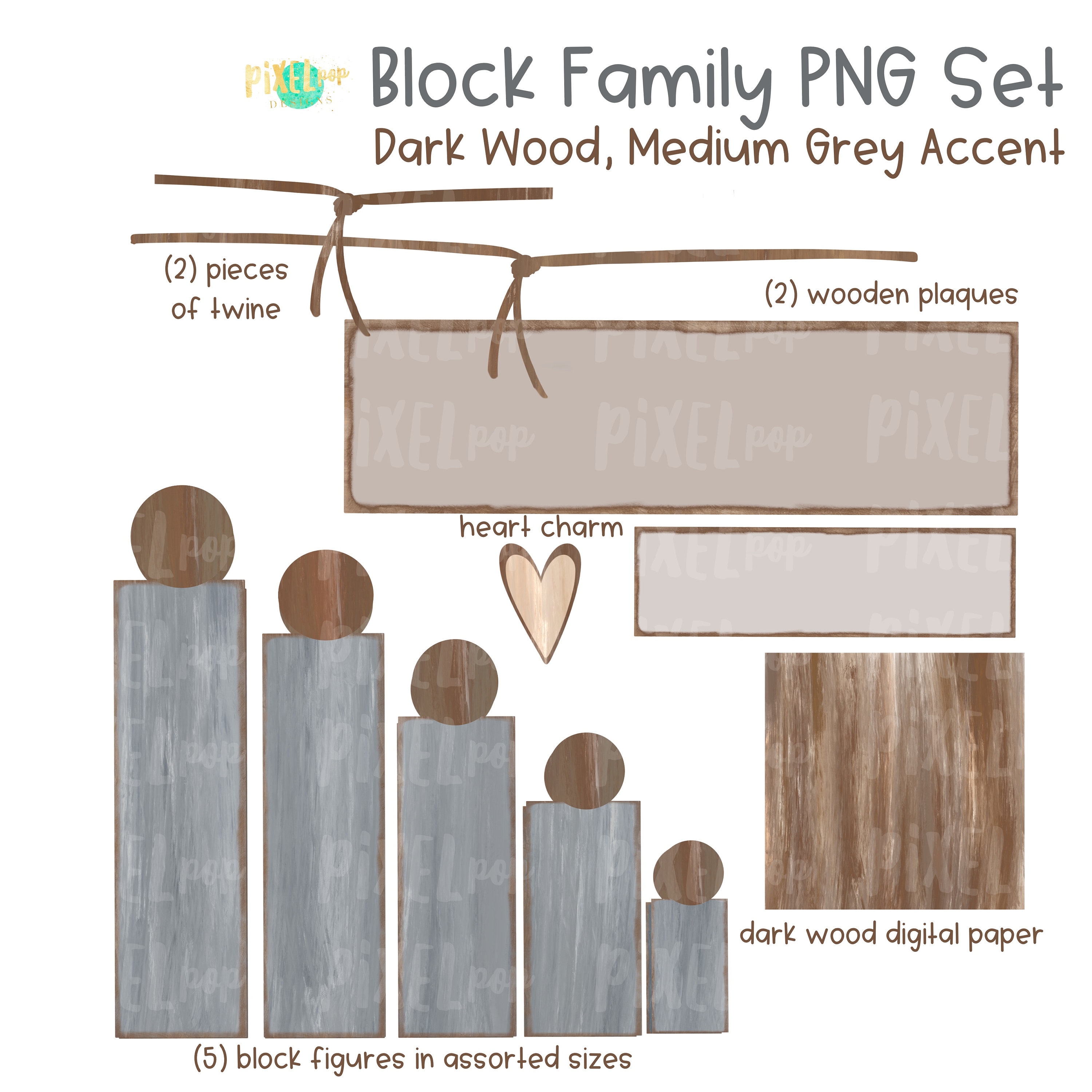 Wooden Block Family PNG Set Dark Wood Medium Grey Accents with | Etsy