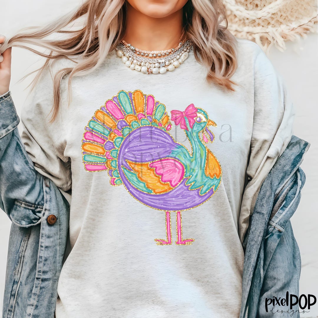 Turkey Pastel Faux Glitter Thanksgiving PNG Design Sublimation DTF ...