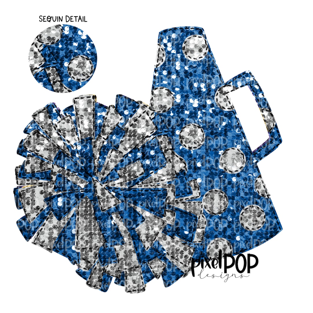 Cheerleading Megaphone and Poms Sequin Glitter Blue and Silver PNG ...