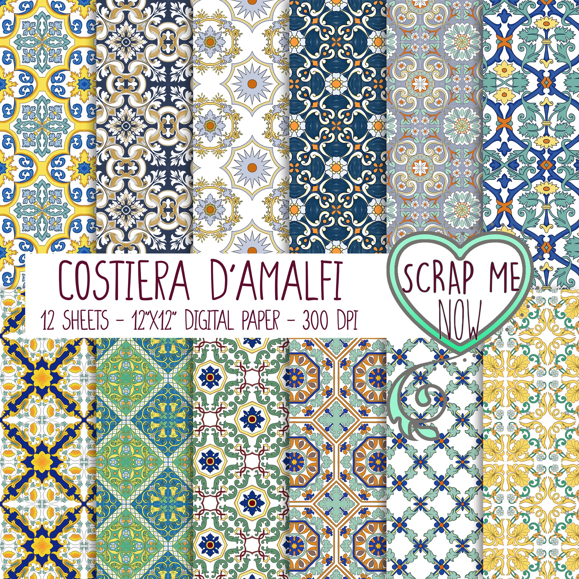 12 "x 12" 300 DPI Amalfi Coast Style Digital Paper, Decorated Majolica ...