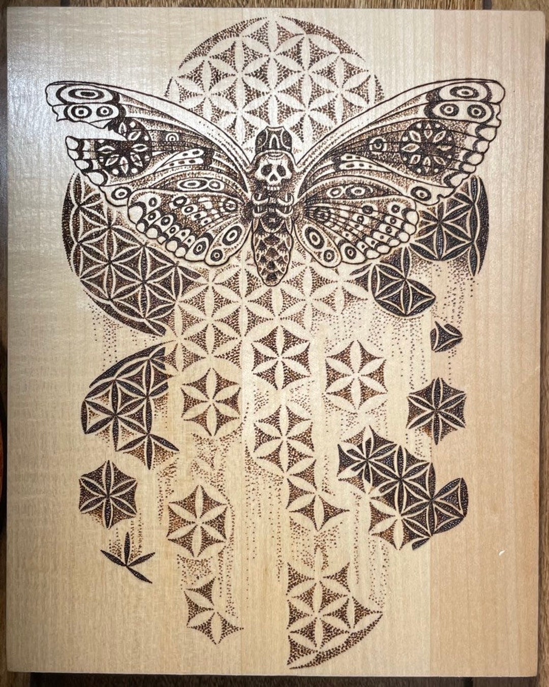 Death Moth / Flower of Life Stipple | Handmade | Pyrography | Wall ...