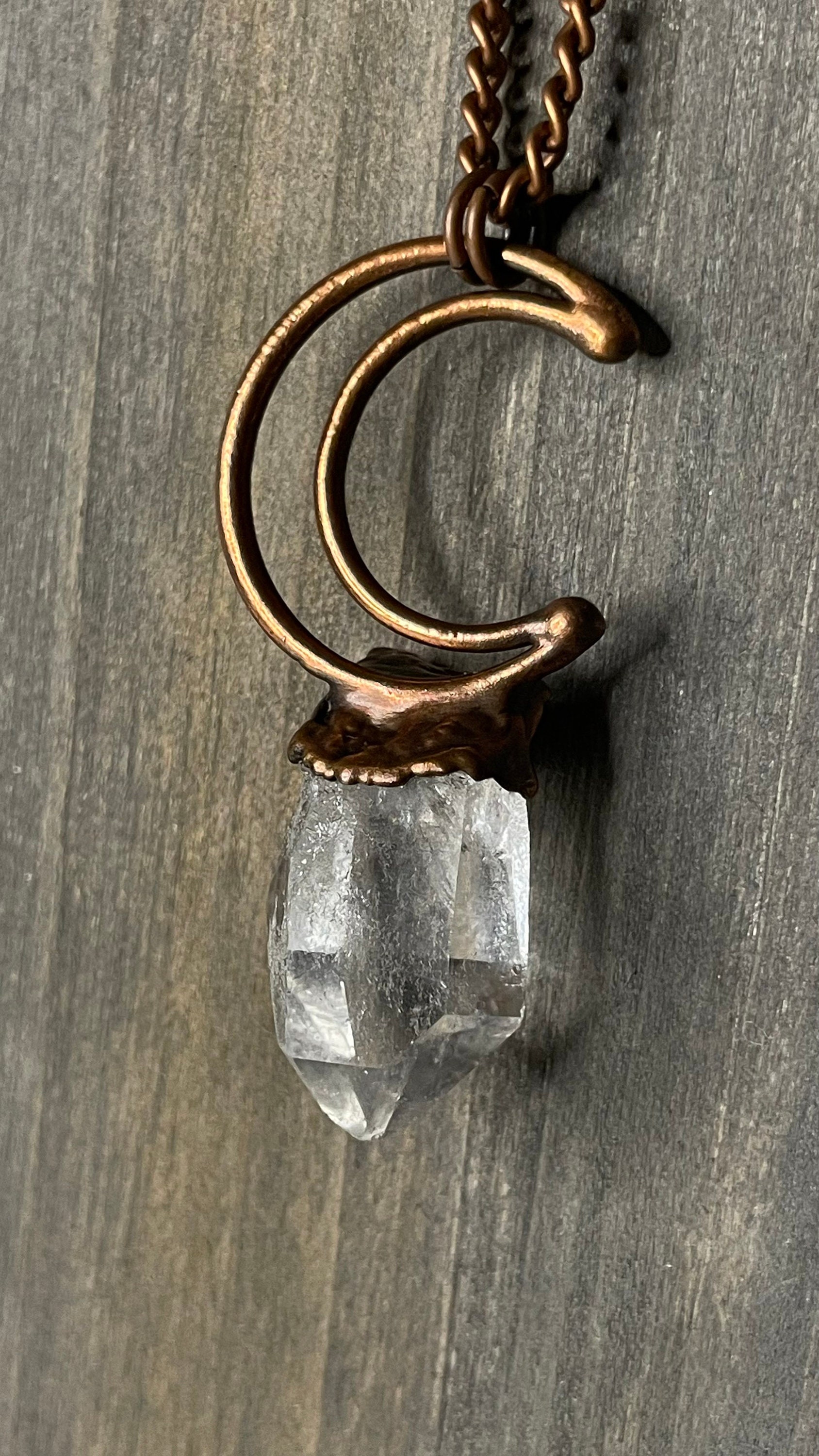 Quartz Point Crescent Moon Copper Electroformed Pendant - Etsy
