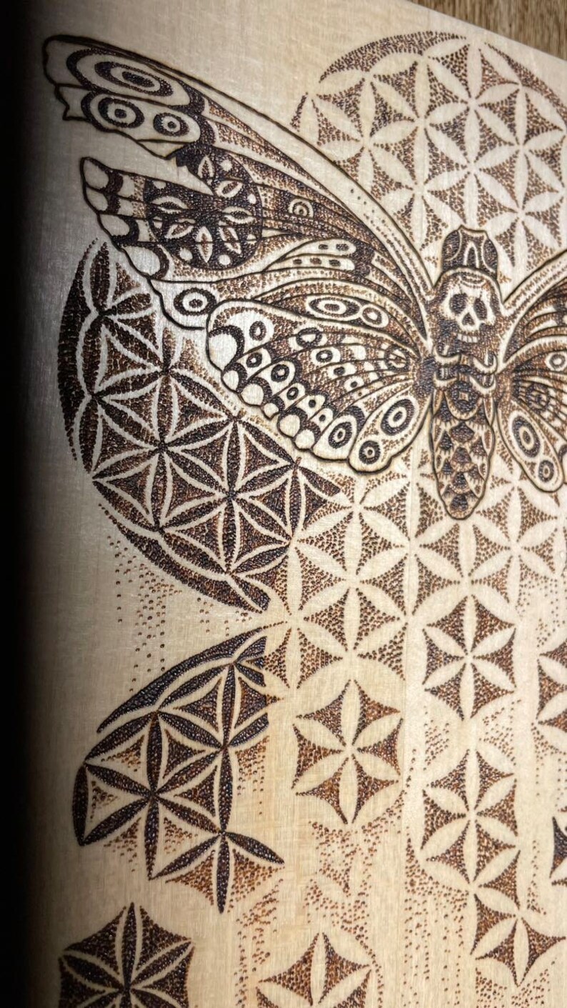 Death Moth / Flower of Life Stipple | Handmade | Pyrography | Wall ...