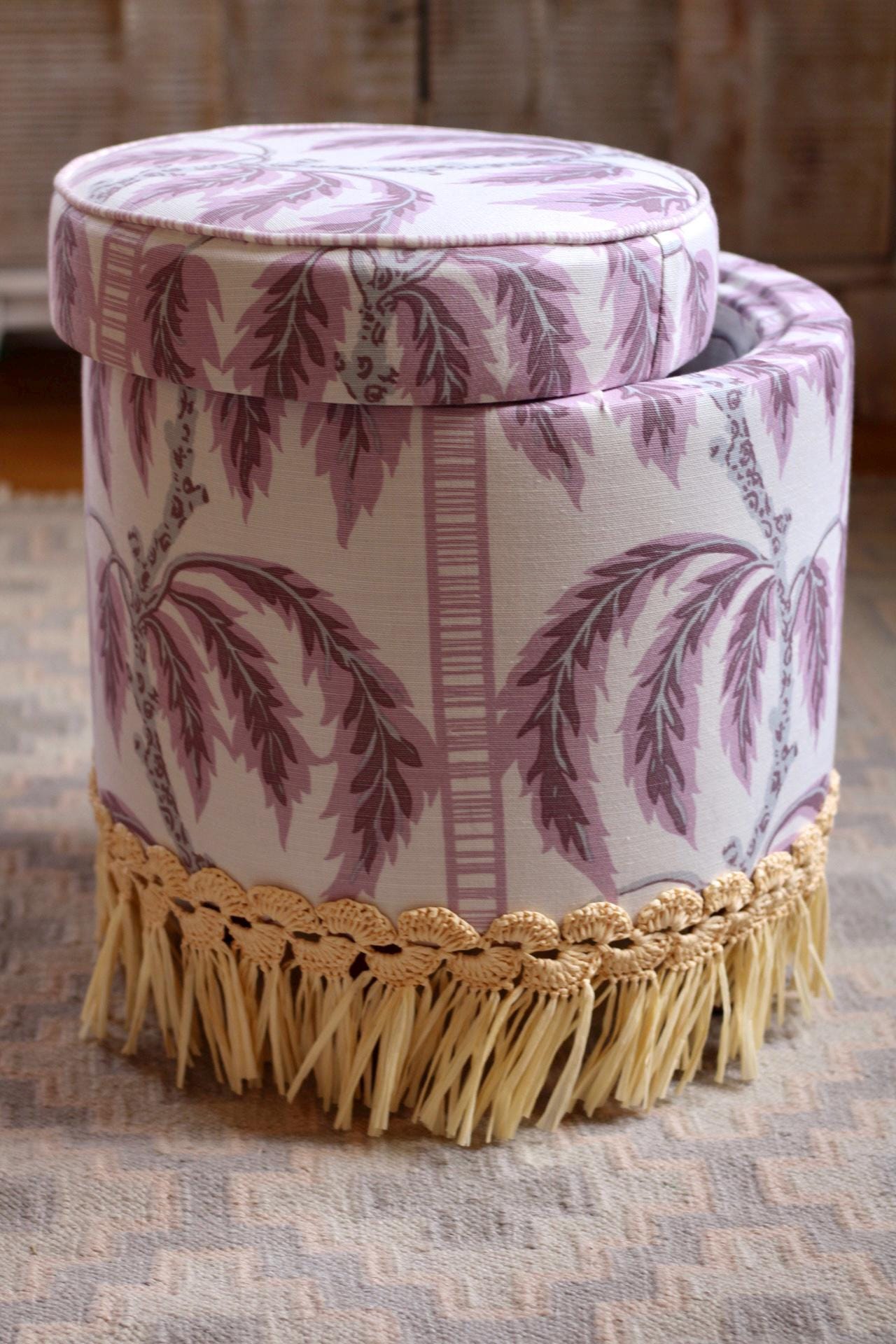 Round Custom Upholstered Sister Parish Storage Ottoman With Raffia ...
