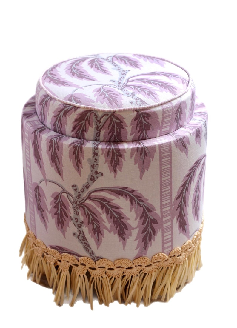 Round Custom Upholstered Sister Parish Storage Ottoman With Raffia ...