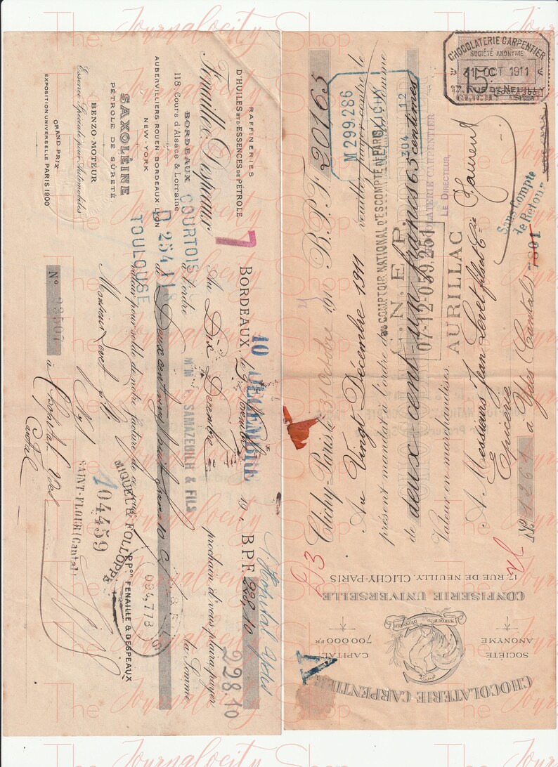 Antique French Check Ephemera: 1900s Script (digital Download) - Etsy