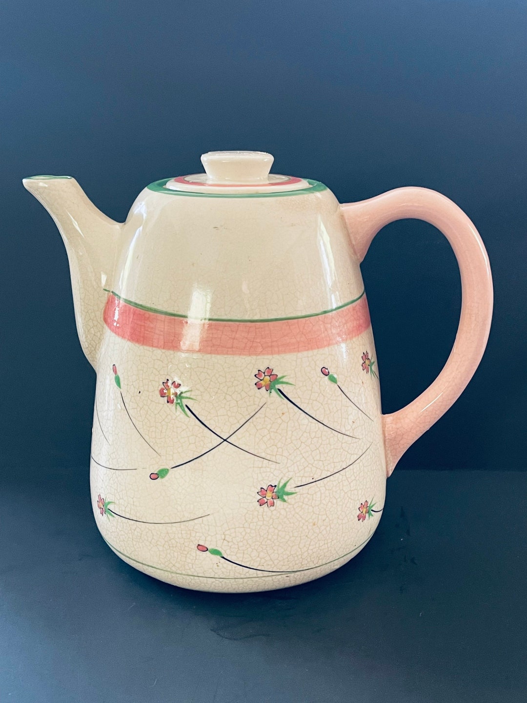 Vintage Large Pink and Green Hand Painted Teapot, Coffeepot 1930’s-1940 ...