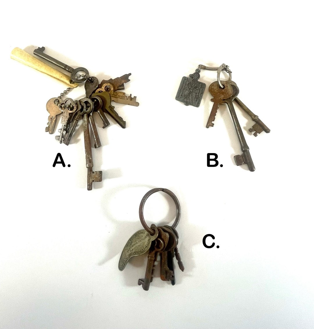 Vintage Sets of Brass Keys, Skeleton Keys, Antique Registry Tag Copley ...