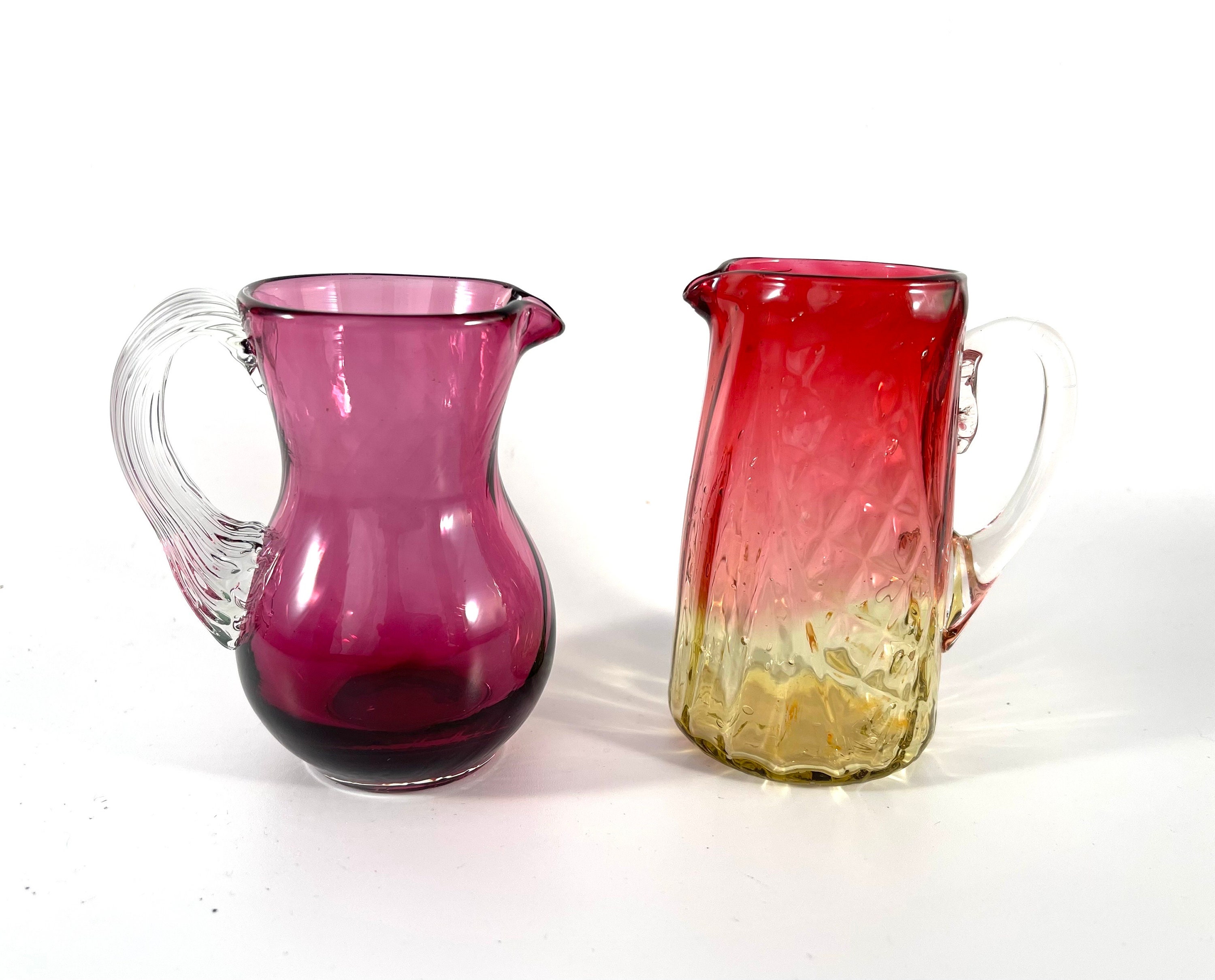 Vtg. Pair of Handblown Miniature Pitchers/ Amberina Diamond Pattern ...