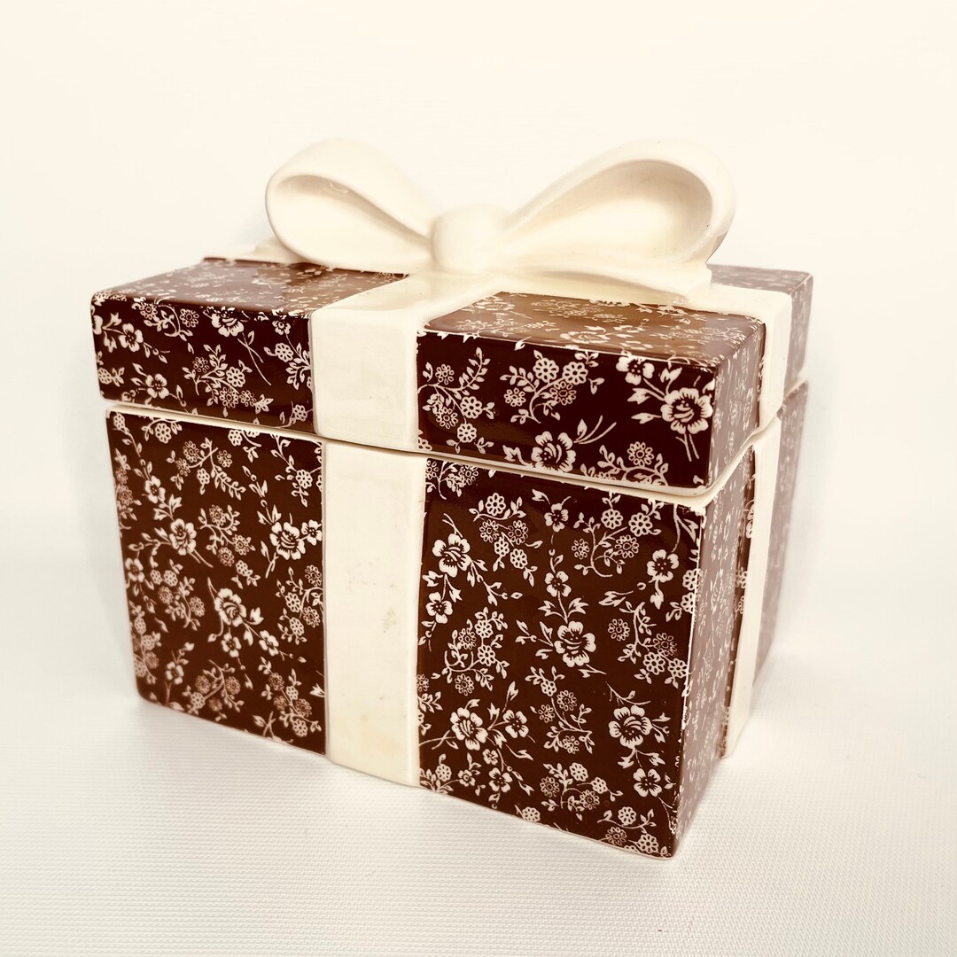 Vintage Brown Calico Decorative Box With Bow, Cottage Chic ...