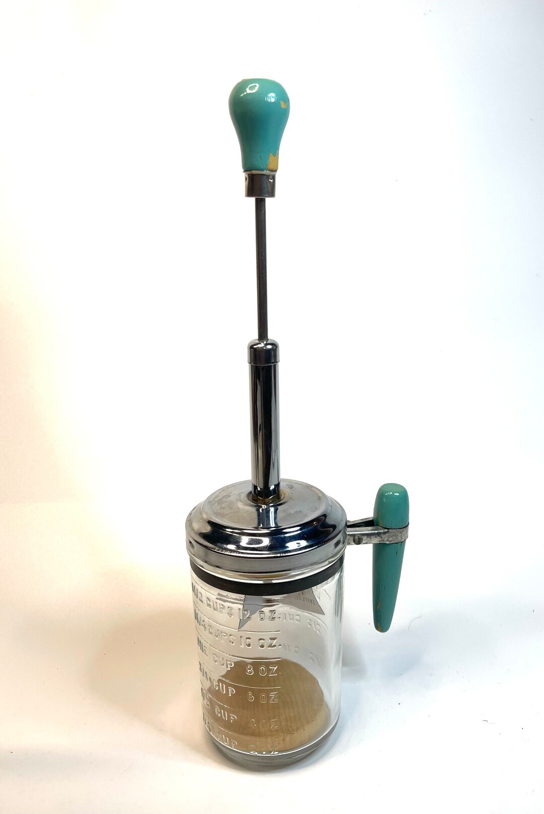 Vintage Hazel Atlas Glass Food Chopper, Turquoise Wood Handles, 1.5 Cup ...