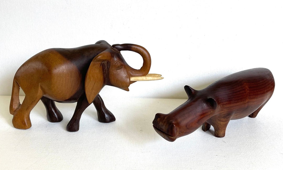 Vintage Teak Hand Carved African Animals, Hippo and Elephant Figures - Etsy