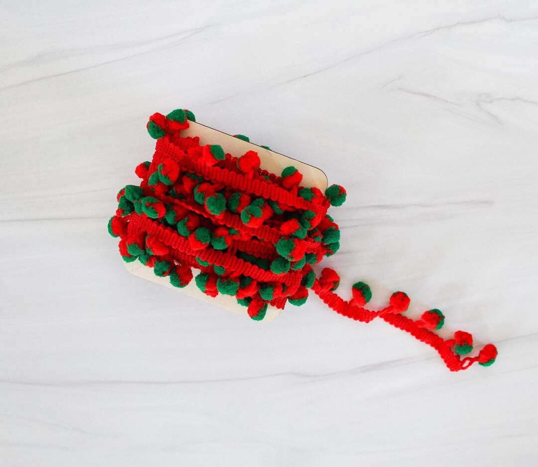 5 Yds. Red Green Pom Pom Ribbon Trim / Gift Packaging / Gift Wrap / Pom ...