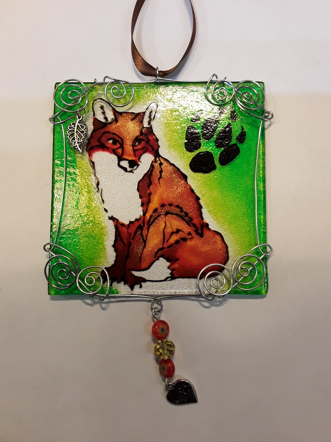 Hand Painted Glass Fox Suncatcher With Wirework, Charms and Fire ...