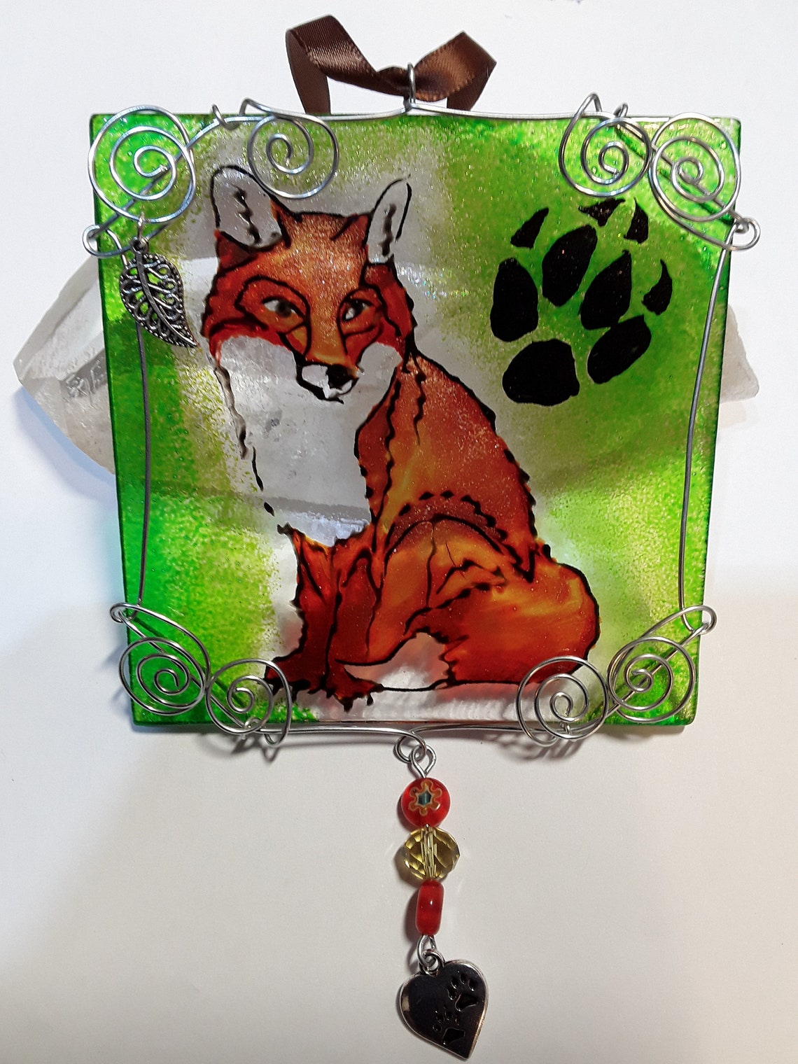 Hand Painted Glass Fox Suncatcher With Wirework Charms and - Etsy