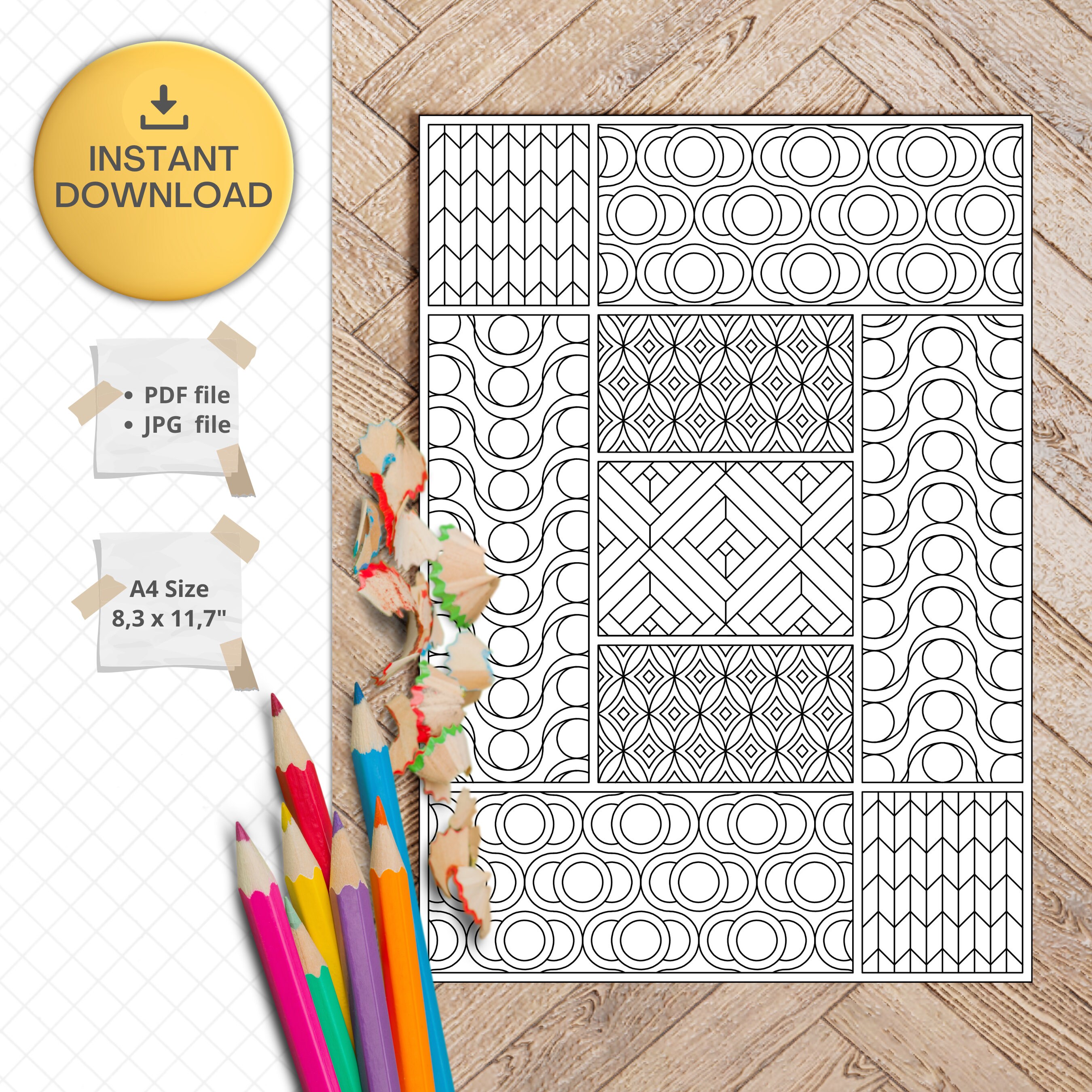 Black and White Stress Relief Shapes Coloring, Calming Patterns ...