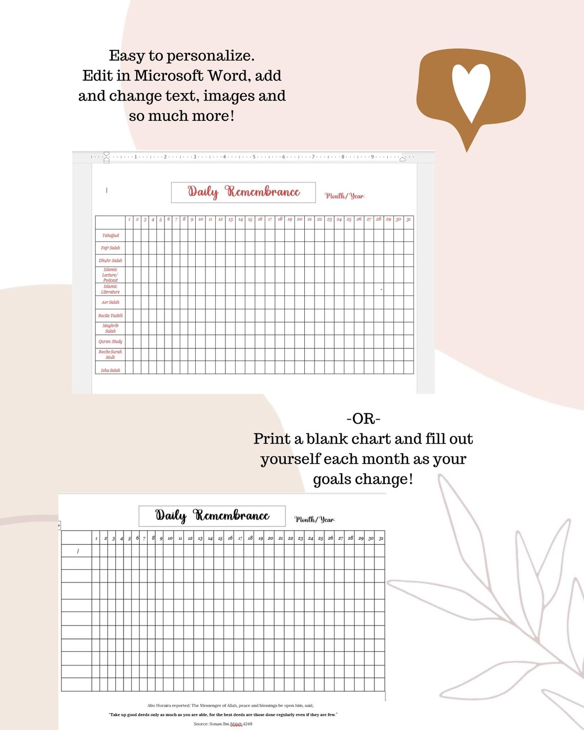 Editable Islamic Remembrance Chart | Dhikr Chart | Quran Study Chart ...