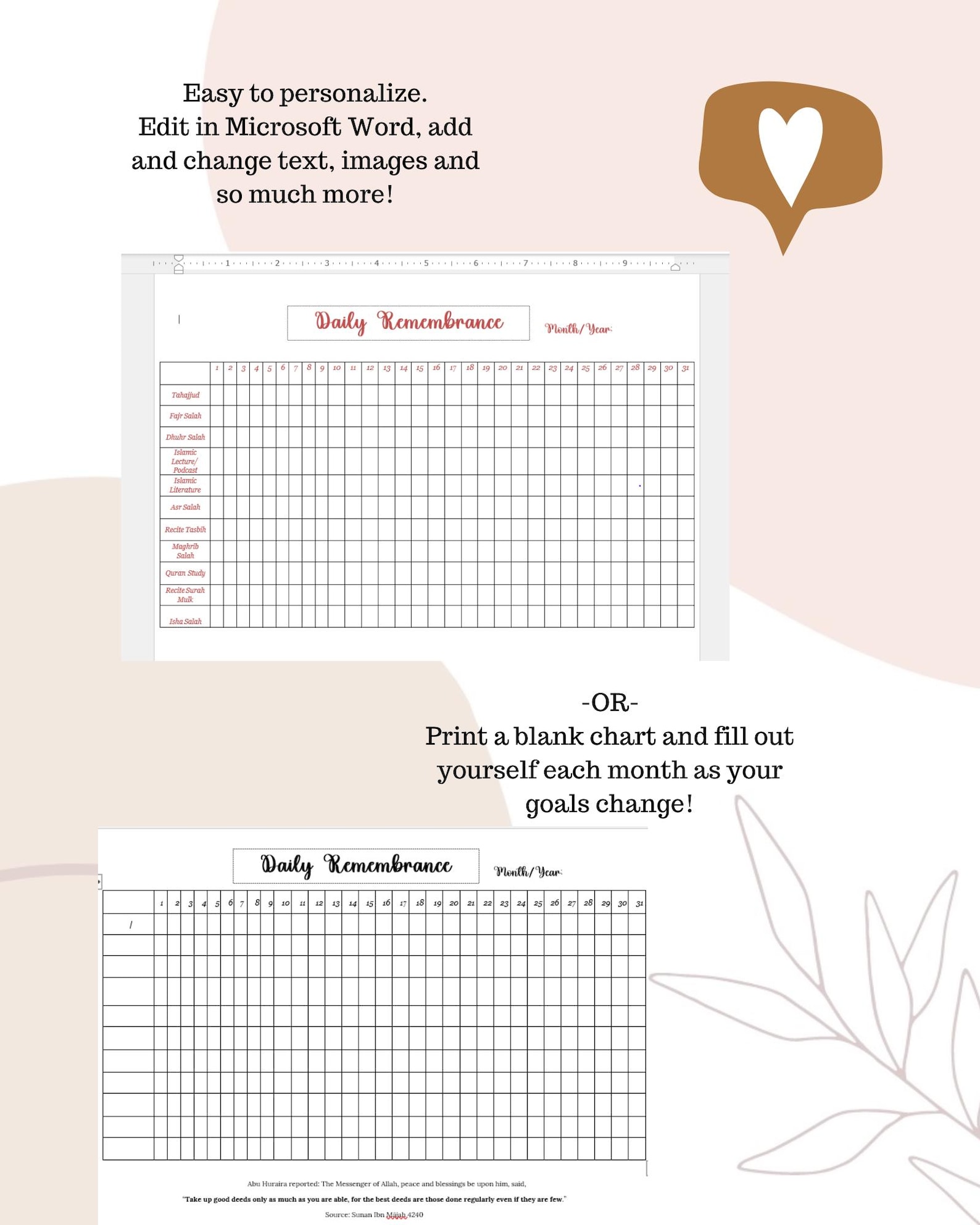 Editable Islamic Remembrance Chart | Dhikr Chart | Quran Study Chart ...