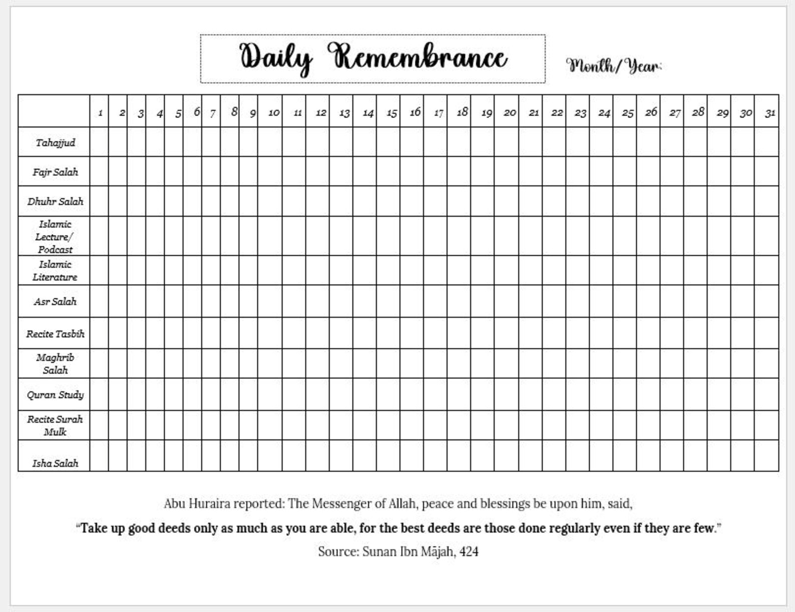 Editable Islamic Remembrance Chart | Dhikr Chart | Quran Study Chart ...