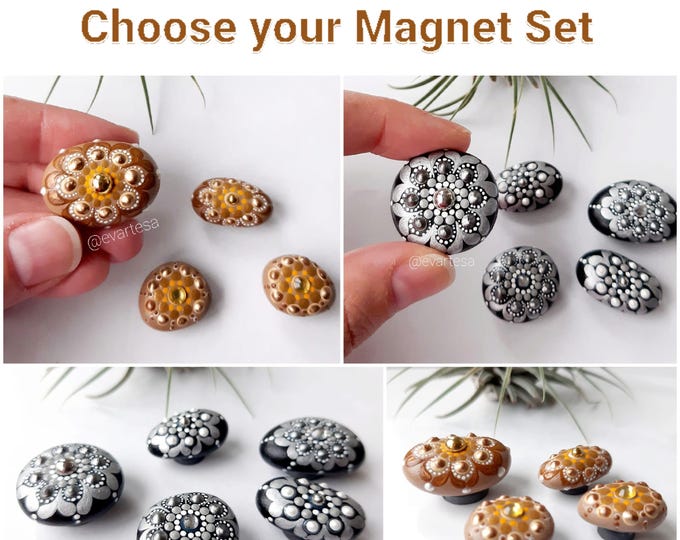 Hand Painted Mini Mandala Stone Pebbles Fridge Magnets Embellished With ...