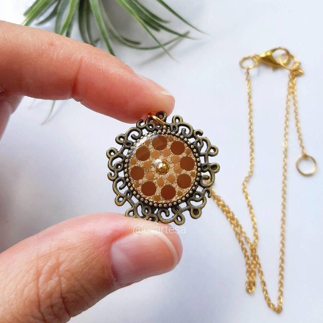 Hand Painted Golden Mandala Charm Chain Necklace With Gems and Resin ...