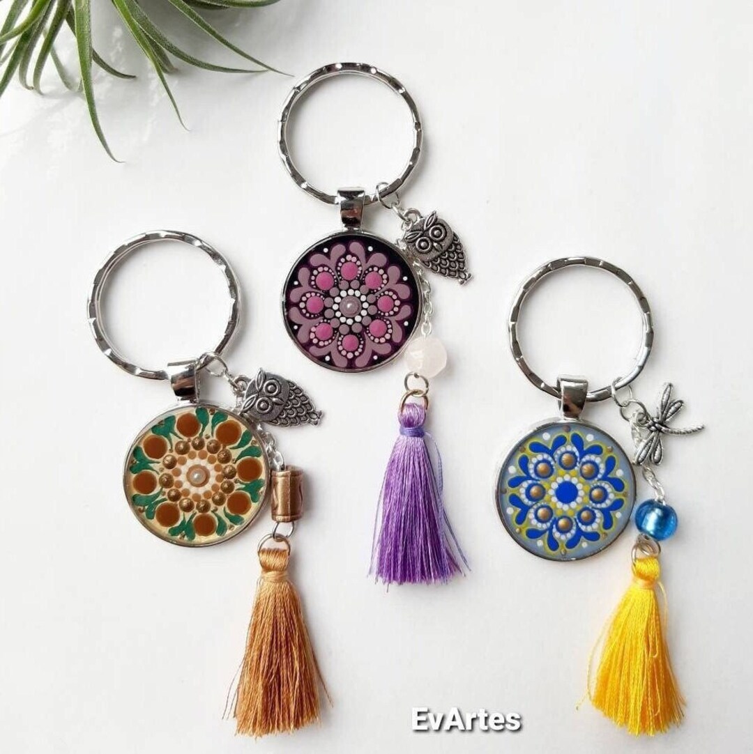 Hand Painted Colourful Mandala Art Keyring Embellished With Gems and ...