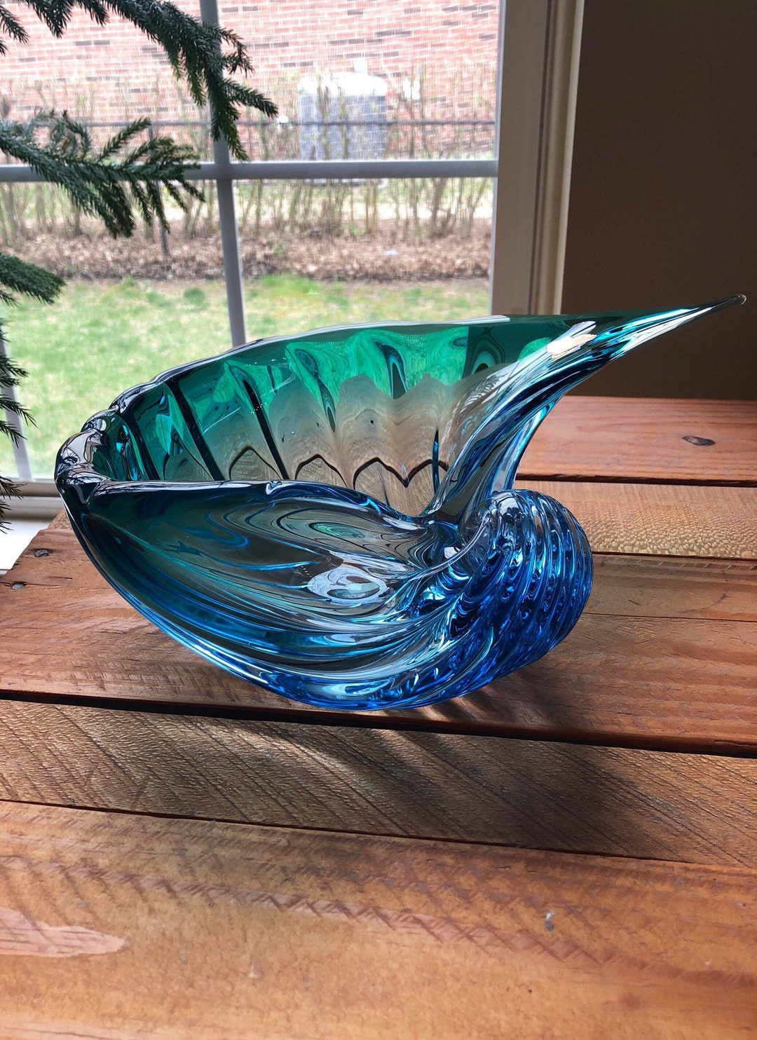 Alfredo Barbini Murano Art Glass Blue Centerpiece Sculpture Shell Bowl ...