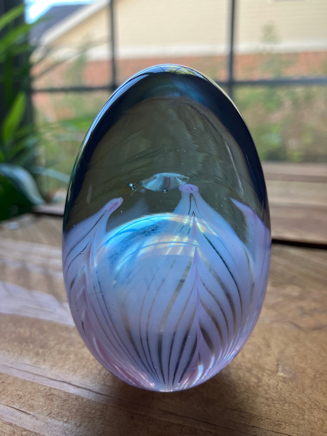 OBG Art Glass Paperweight Glass Egg Pink Lotus Flower Artist Signed ...