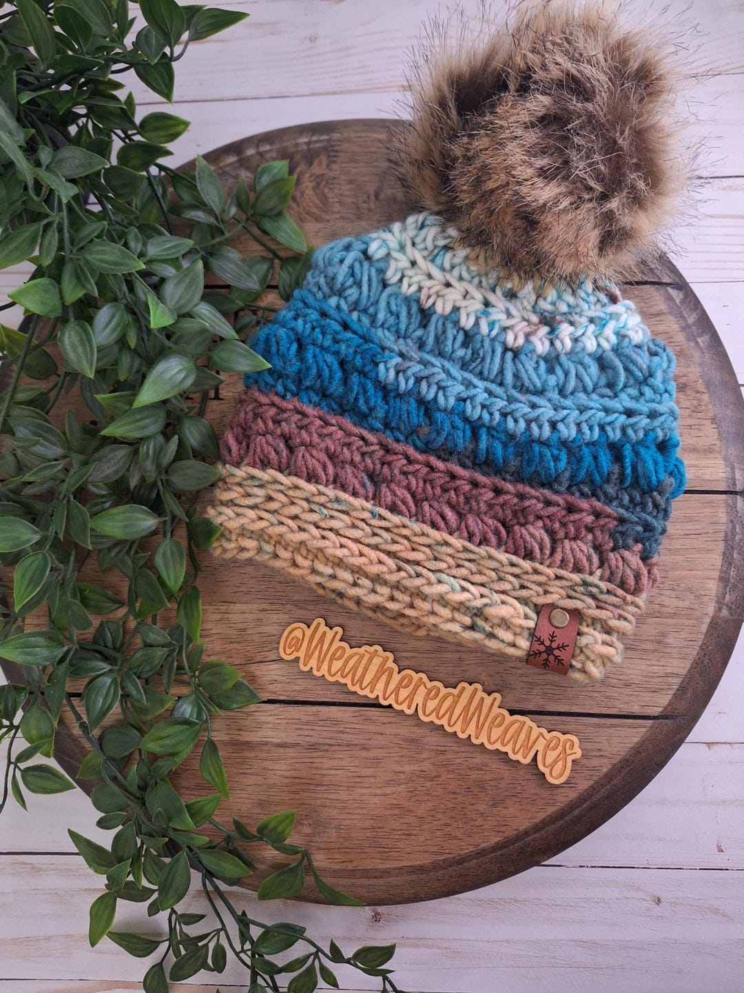 Chunky Knit Beanie Hat: Blue Brown Striped Toque, Faux Fur Pom - Etsy
