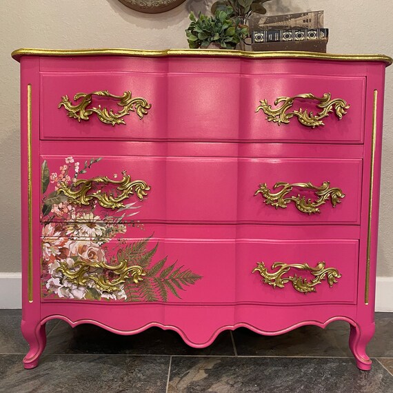 Hot Pink Maximalist Unique French Provincial Unique Small Designer Dresser Antique Solid Wood Chest of Drawers Etsy