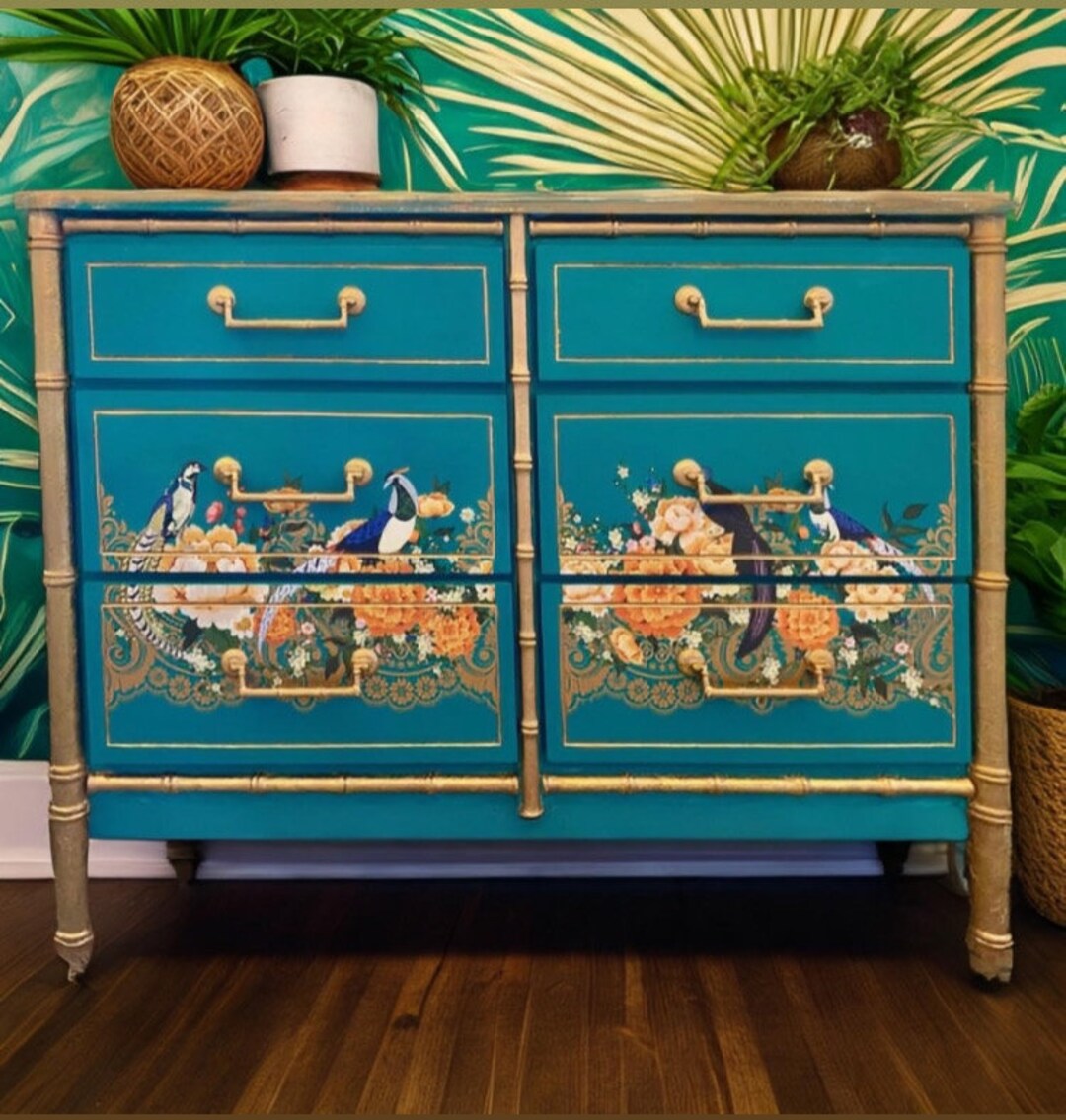 Vintage Faux Henry Link Bali Bamboo Dresser, Palm Beach Regency, Maximalist, Custom Made-to ...