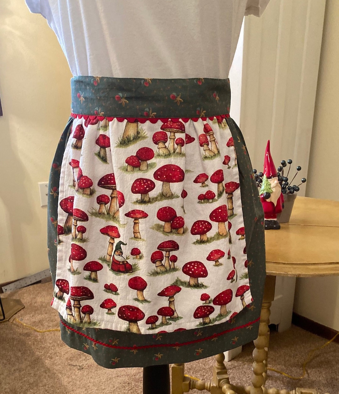 Half Waist Apron, Green and Red, Rick Rack, Gnome, Mushrooms and ...