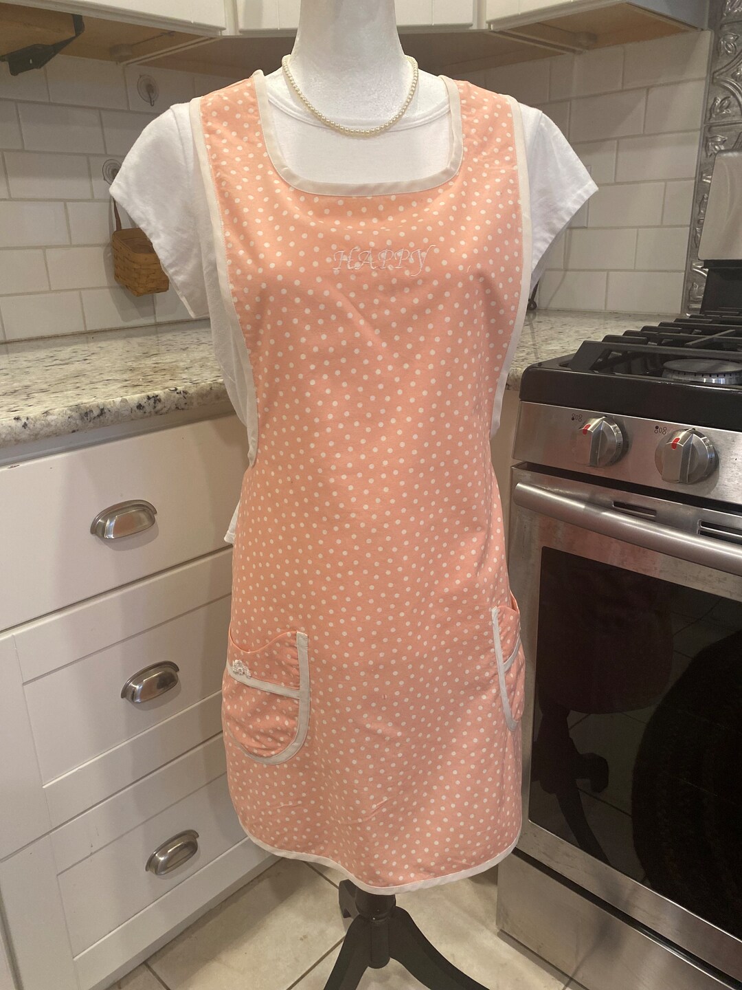 Full Coverage Apron, Pink Apron With Shoulder Ruffles, White Bias Trim ...