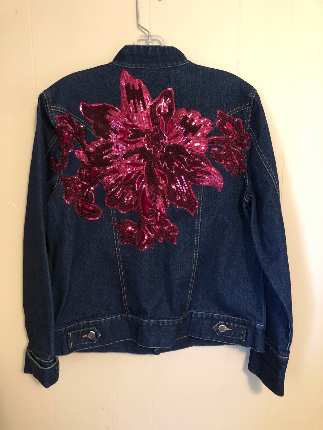 High Sierra Custom Denim Jacket Red Sequin Embellished Design Womens ...