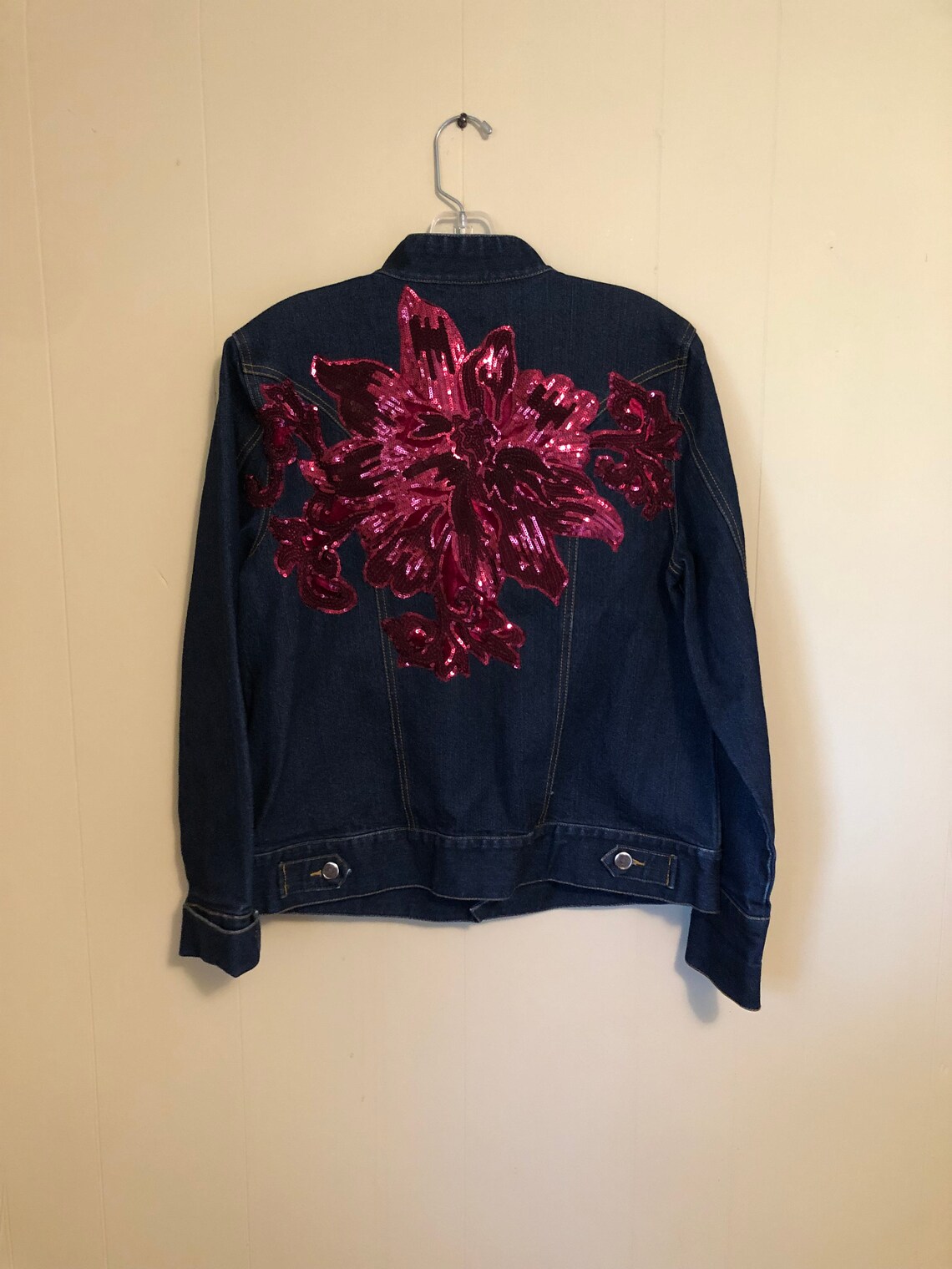 High Sierra Custom Denim Jacket Red Sequin Embellished Design Womens ...