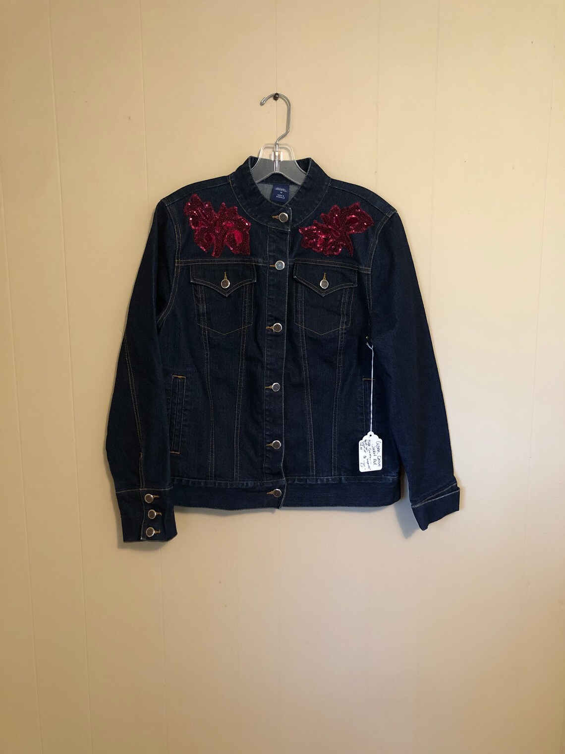 High Sierra Custom Denim Jacket Red Sequin Embellished Design Womens ...
