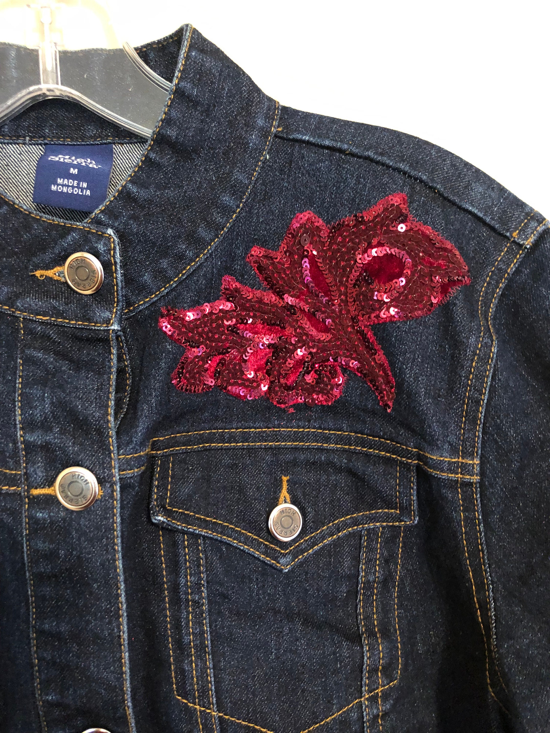 High Sierra Custom Denim Jacket Red Sequin Embellished Design Womens ...
