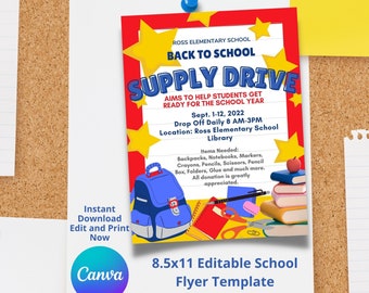 Back to School Drive Flyer Template, Editable Back to School Supply ...