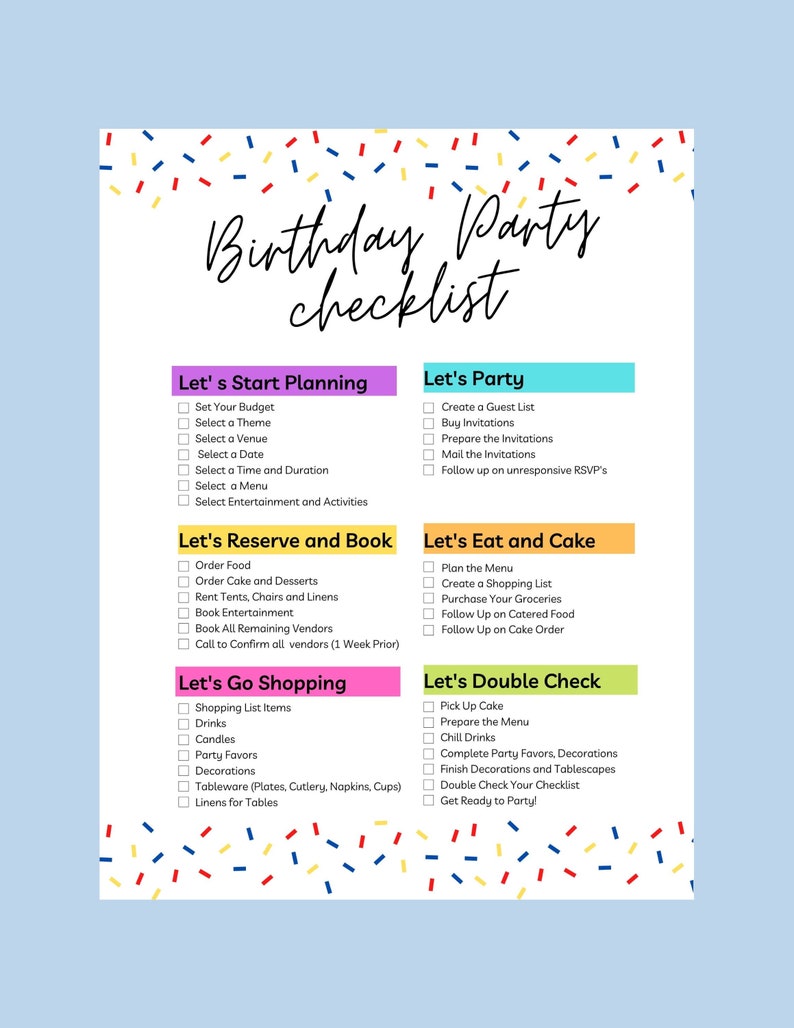 Birthday Party Checklist, Birthday Party Tracker, Party Checklist ...