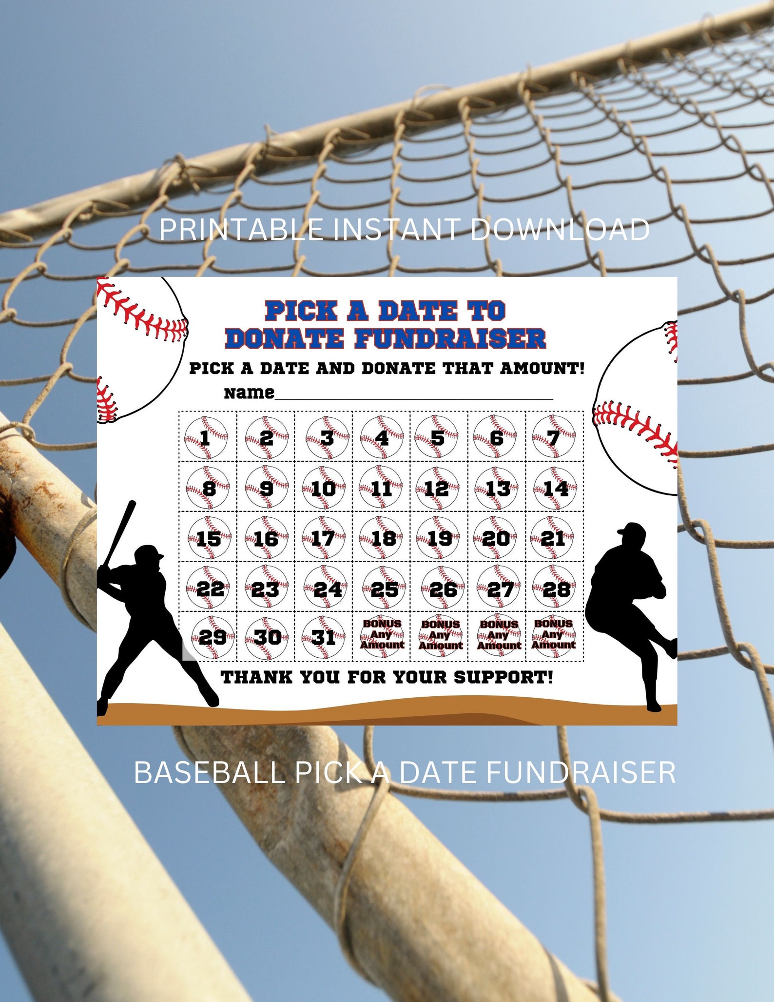 Baseball Calendar Fundraiser, Pick a Date to Donate Printable, Baseball ...