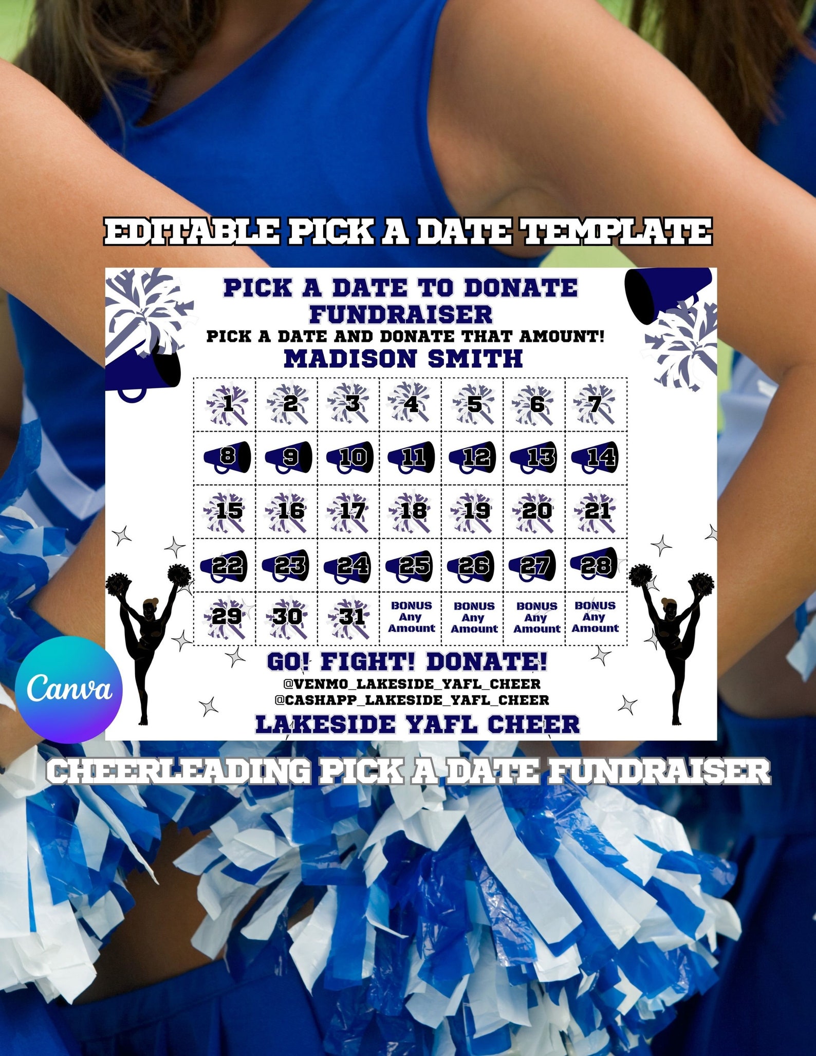 Editable Cheerleading Calendar Fundraiser, Pick a Date Printable (canva ...