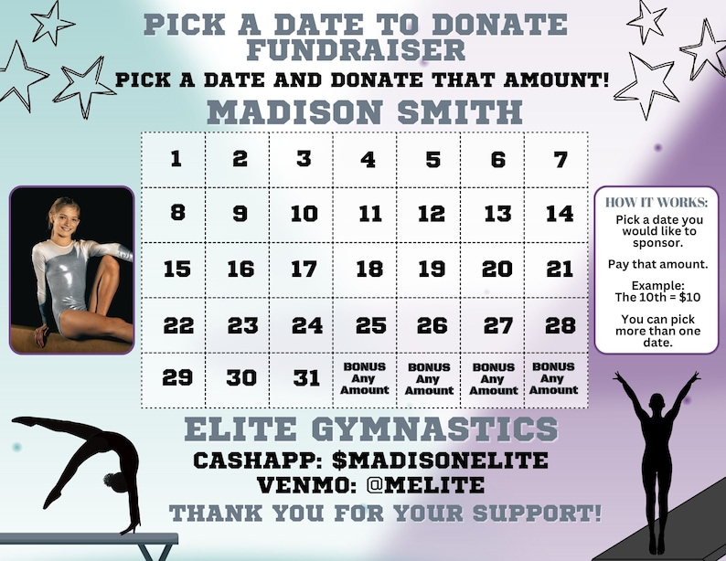 Editable Gymnastics Calendar Fundraiser, Pick a Date Printable (digital ...