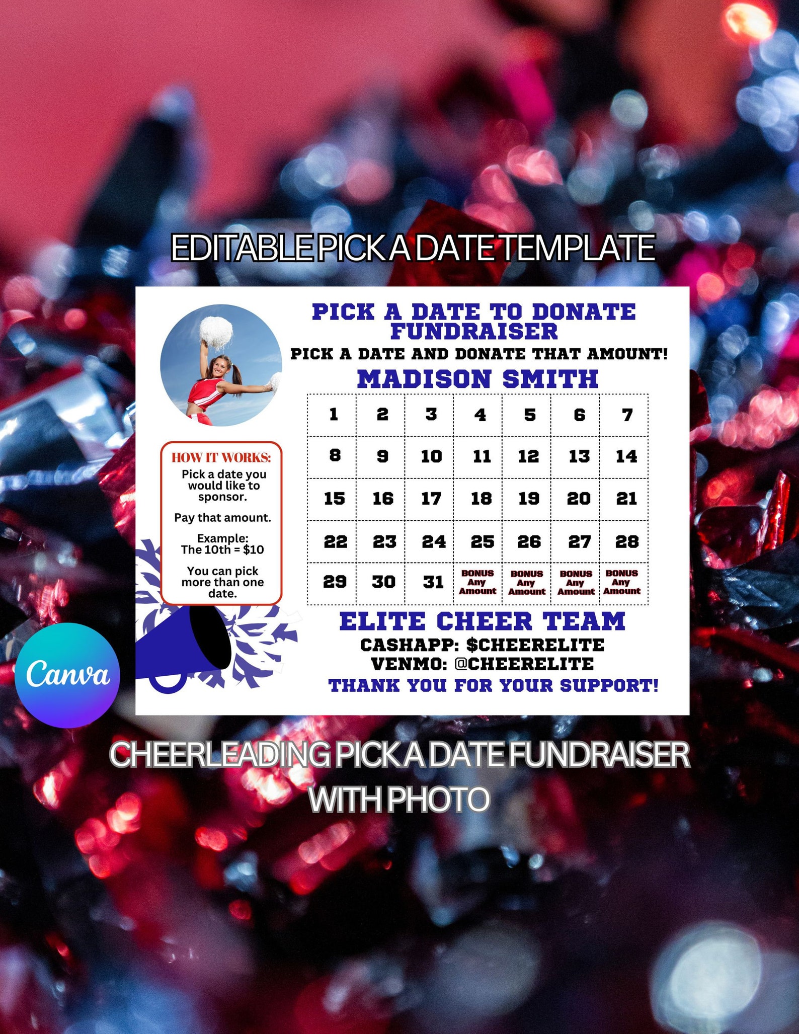 Editable Cheerleading Calendar Fundraiser, Pick a Date (canva Template ...