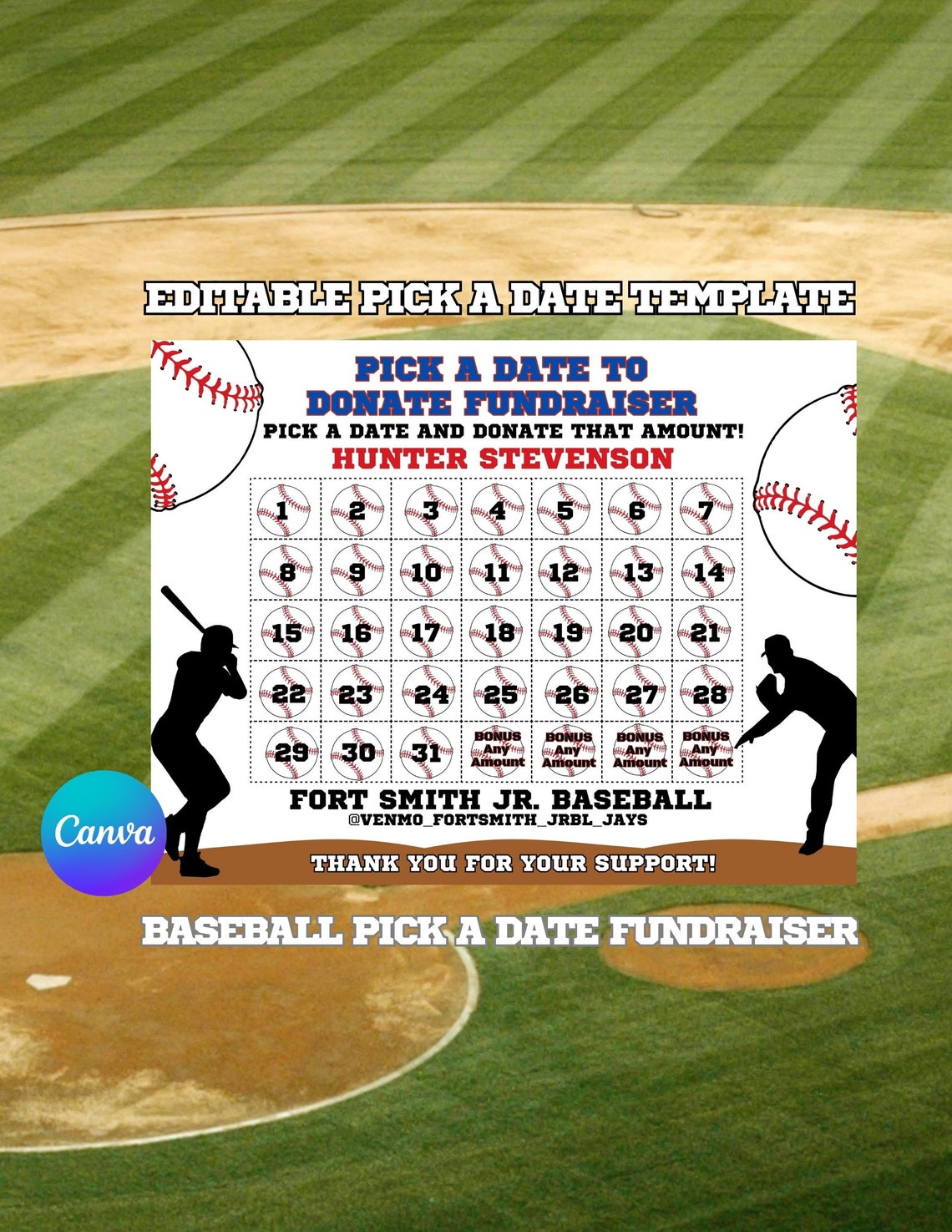 Editable Baseball Calendar Fundraiser, Pick a Date Printable (canva ...